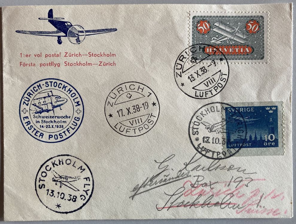 Erstflug Zürich - Stockholm 1938 mit norwegischer Frankatur (Gebraucht) in Flawil für CHF 9.5 ...