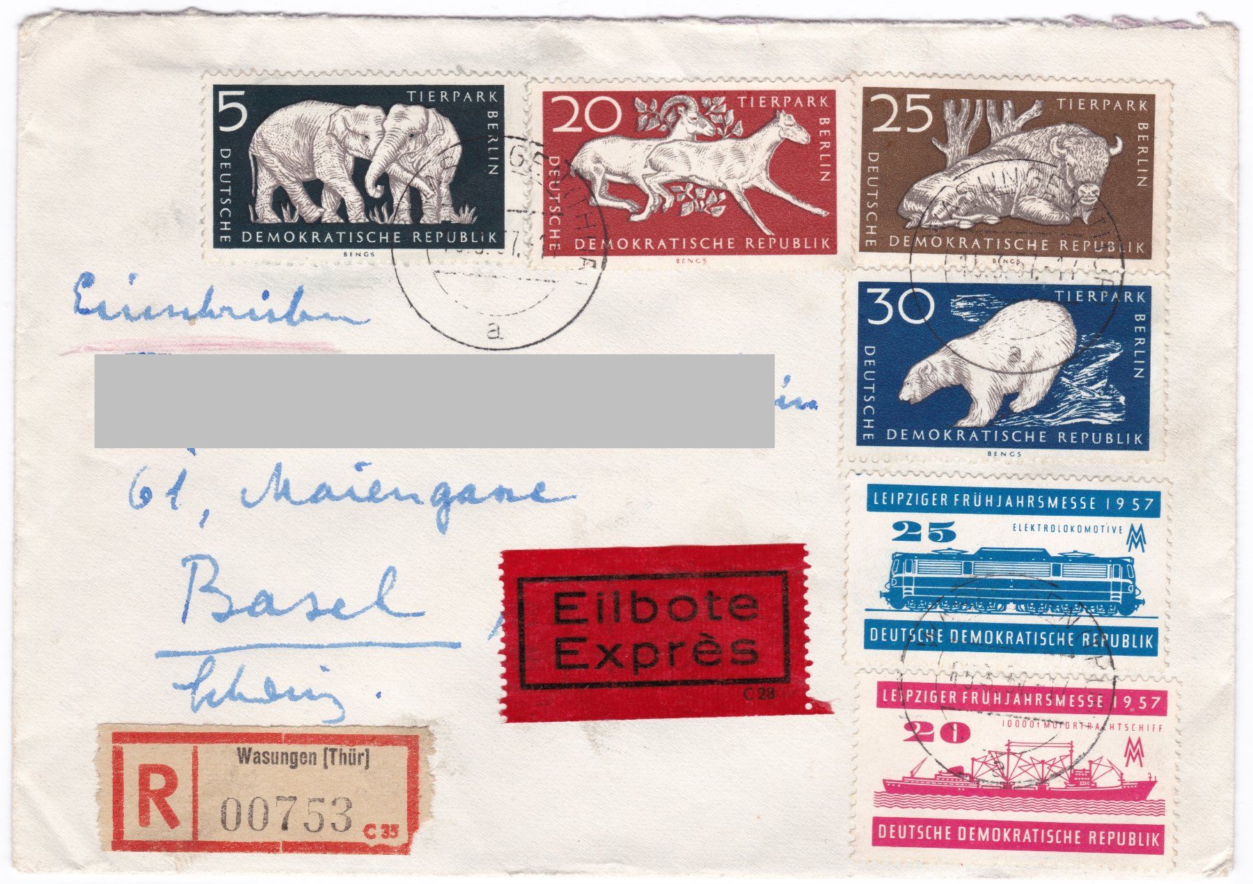 DDR 1957–1960, 3 Express + 2 Einschreiben nach Basel, Sätze (Gebraucht ...