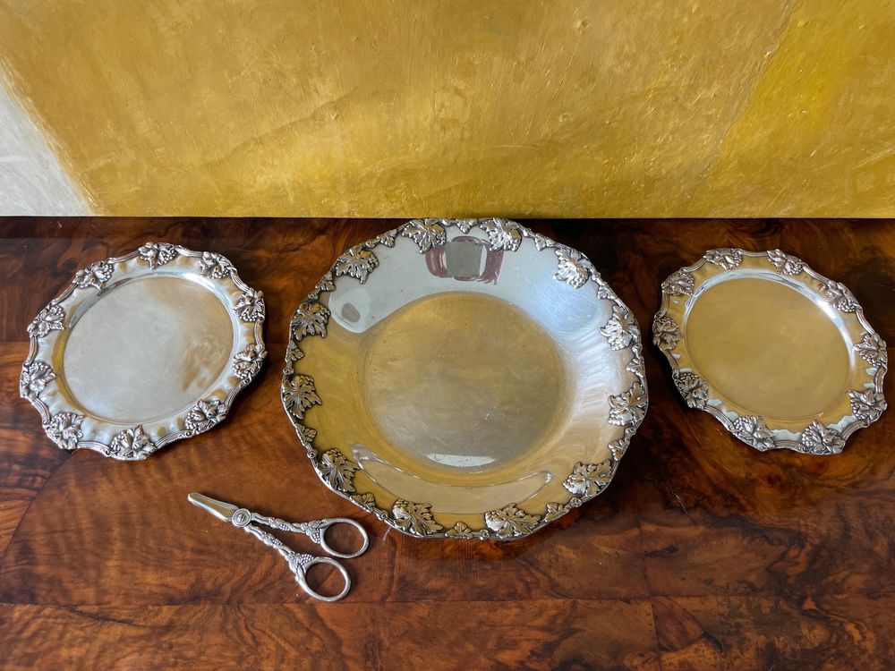 3 Servierplatten & Schere Trauben Dekor Silber PRIMA Sweden (Gebraucht ...