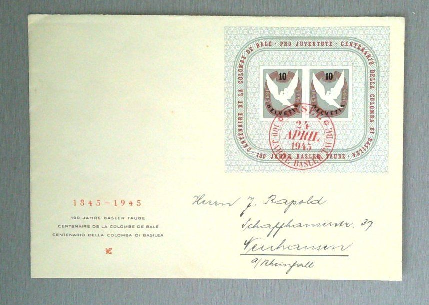 1945 Brief mit Block Basler Taube u. rotem SStpl. 24. April (Gebraucht) in Sirnach für CHF 8 ...