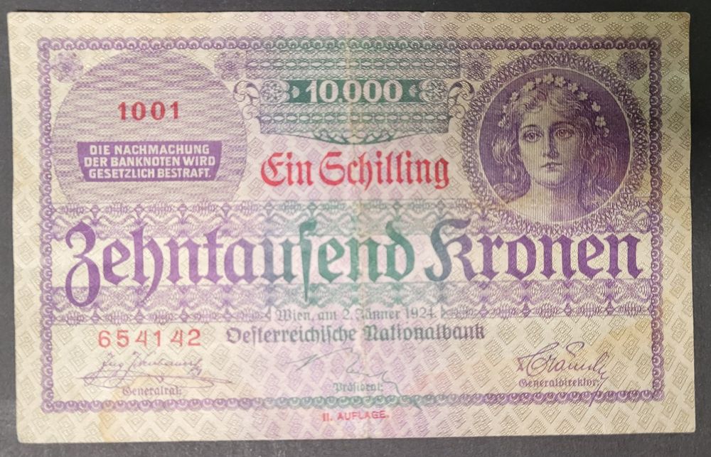 1 SCHILLING (AUF 10'000 KRONEN) / ÖSTERREICH 1924 (Gebraucht) in Mumpf ...