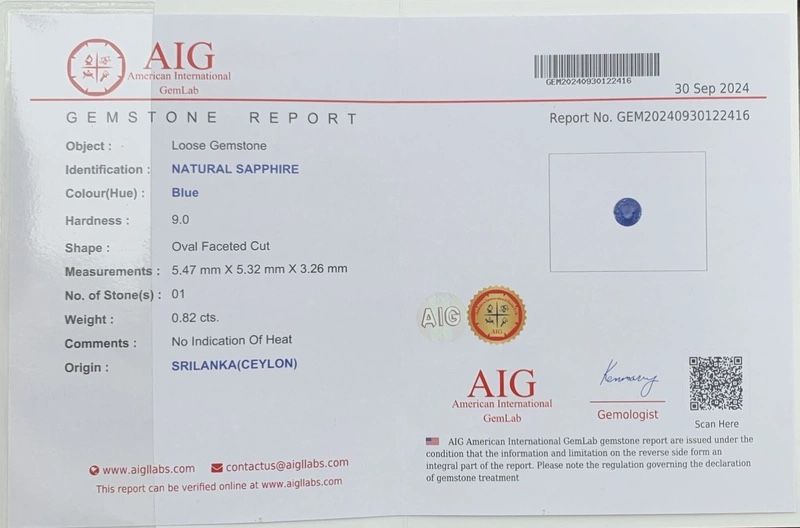 0.82 ct Natürlicher Saphir (VVS) – Rundschliff – AIG (Gebraucht) in ...