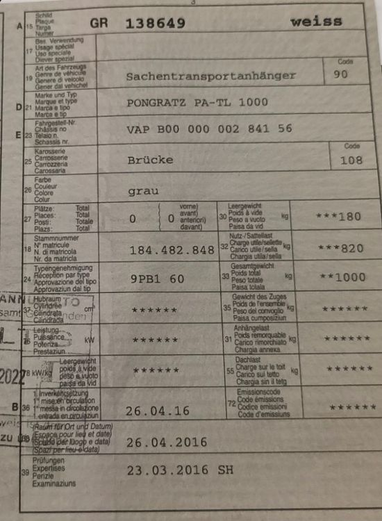 Pongratz Anhänger LPA 206 G 1000kg (Gebraucht) in Fruthwilen für CHF 700 – nur Abholung auf ...