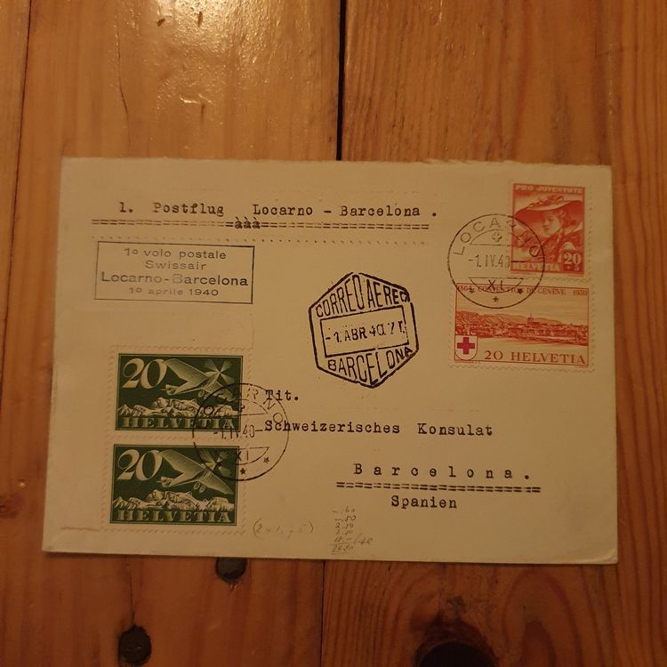 Briefmarken Flugbrief Schweiz Locarno - Barcelona 1940 (Gebraucht) in Hägendorf für CHF 4 – mit ...
