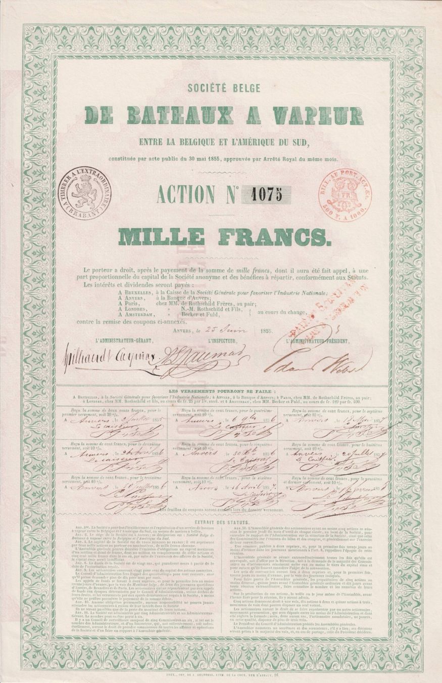 Sté Belge de Bateaux à Vapeur entre Belgique-Amerique Sud (Gebraucht ...