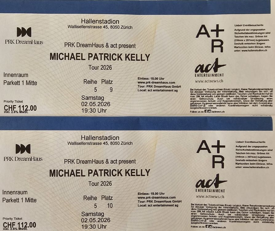 2 Michael Patrick Kelly Tickets, 5. Reihe Parkett 1 Mitte (Neu und ...