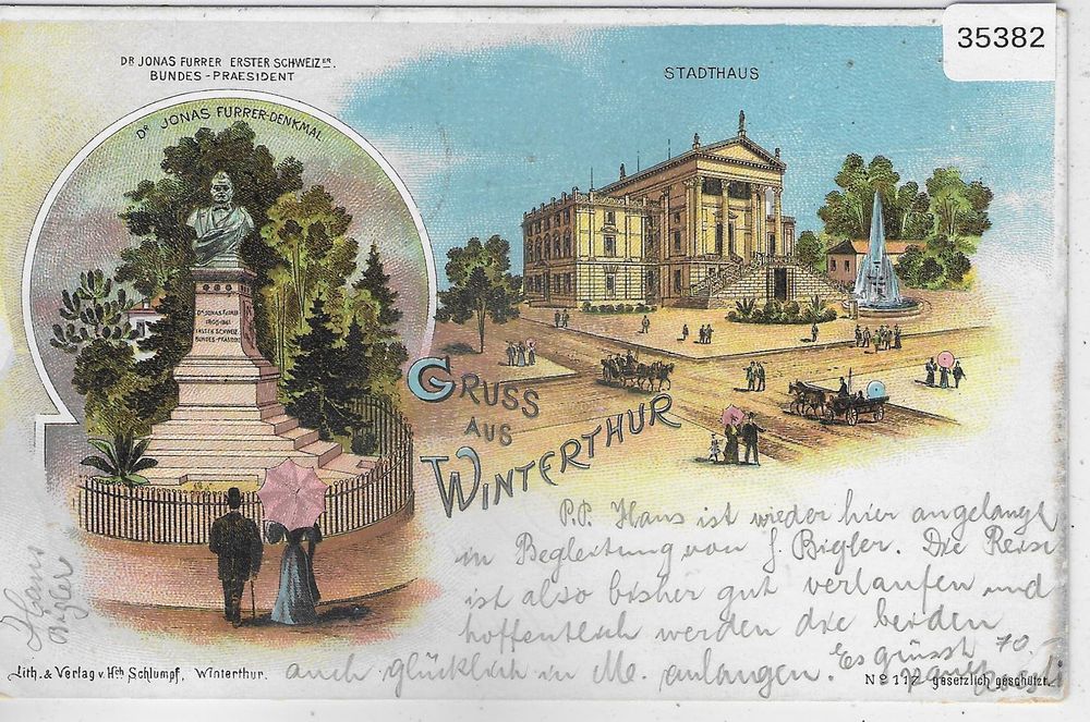 Gruss aus Winterthur - Stadthaus, Denkmal - Litho 1899 (Gebraucht) in Ettingen für CHF 9 – mit ...