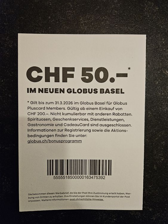 Globus Basel Gutschein - CHF 50.- Rabatt bis 31.03.2026 (Neu (gemäss ...