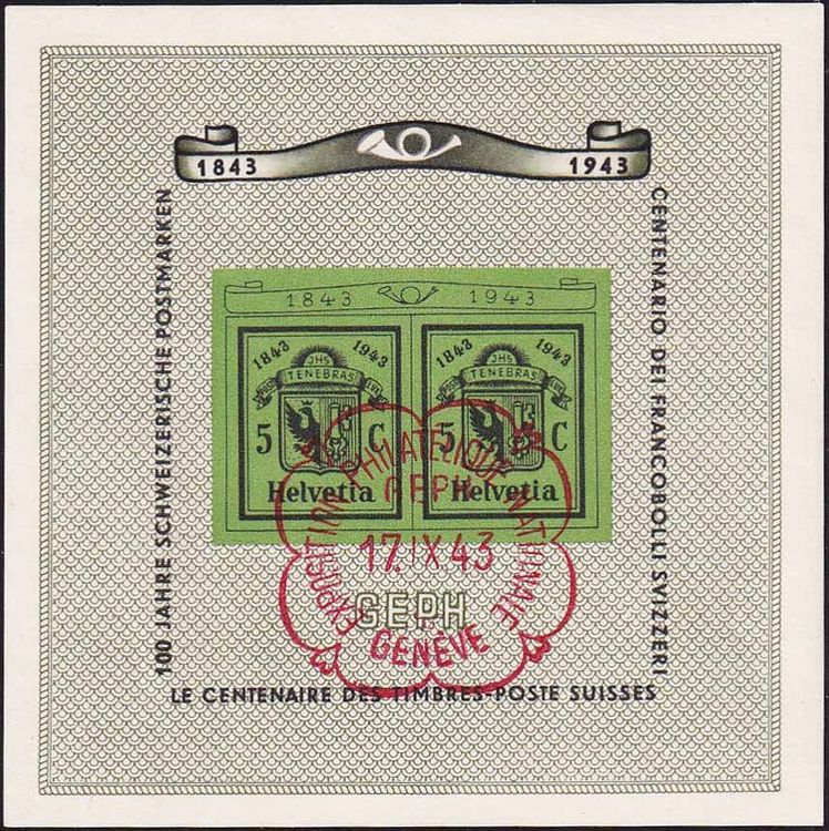 1943 Genfer-Block Nr. W18 mit rotem Ersttag-Sonderstempel (Gebraucht) in Basel für CHF 19 – mit ...