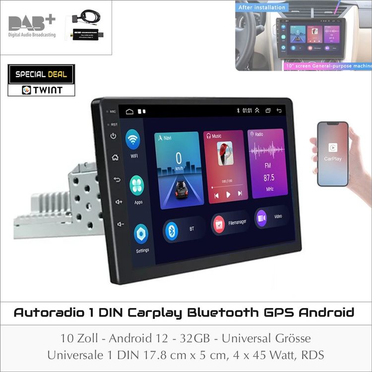 1 DIN Autoradio DAB+ Carplay 10 Zoll 32 GB Android 12 (Neu und originalverpackt) in Chiasso für ...
