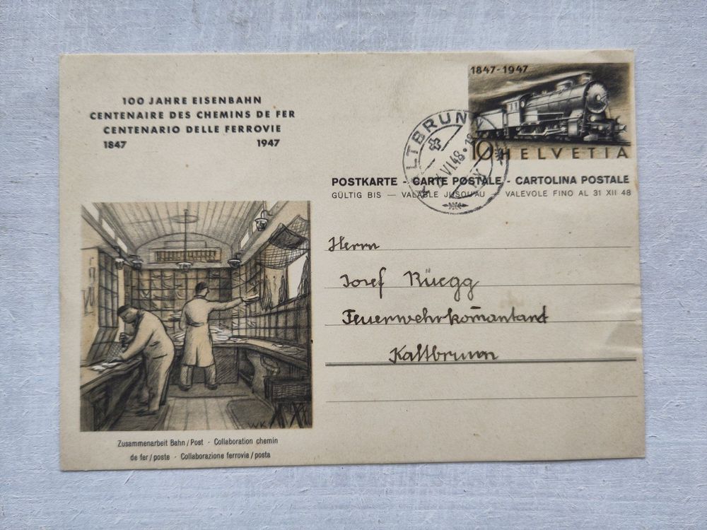 Postkarte 100 Jahre Eisenbahn 1847 - 1947 gelaufen 1948 (Gebraucht) in Pfäffikon ZH für CHF 1.1 ...