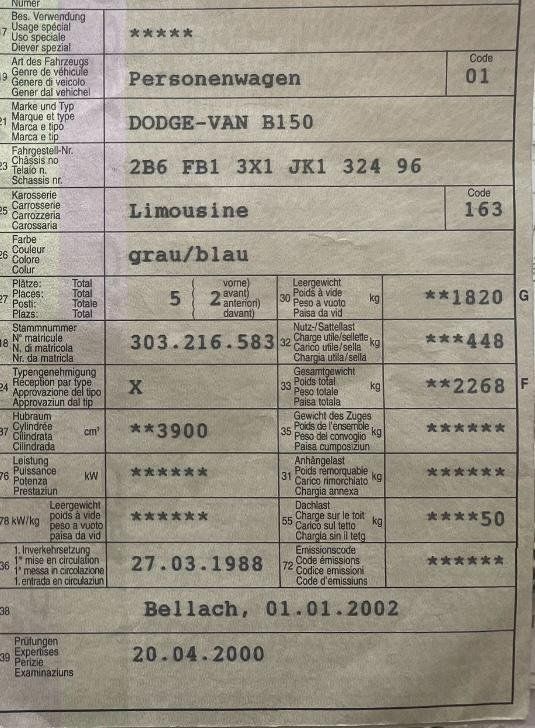 DODGE-RAM VAN B150 I 20Tkm I Youngtimer 1988 I Blau-Grau (Gebraucht) in ...