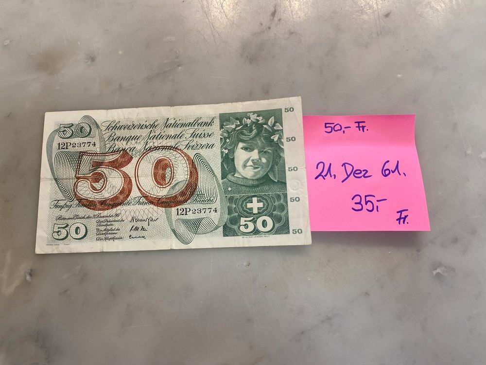 50 Franken Banknote 21.12.1961 (Gebraucht) in Engi für CHF 19.5 – mit ...