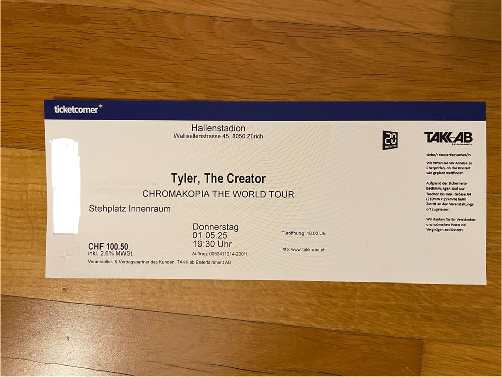 Tyler The Creator Ticket, Standing (Neu und originalverpackt) in ...