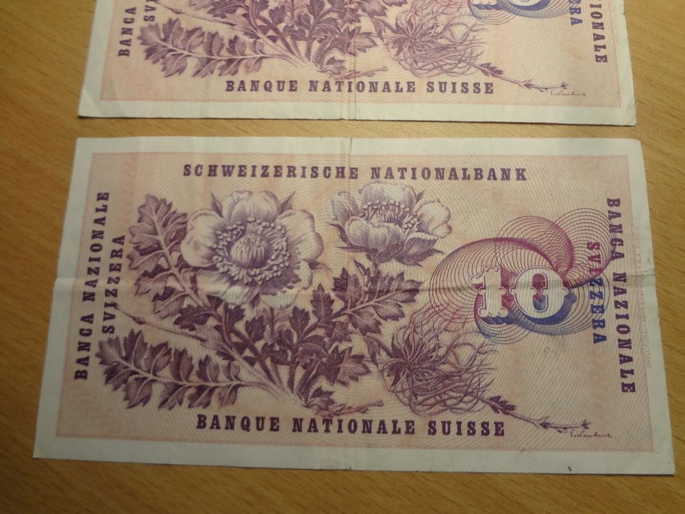 2X 10 FRANKEN NOTEN SCHWEIZ 1977 101F / 97Q | Acheter sur Ricardo