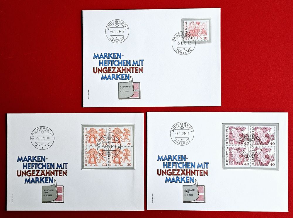 VOLKSBRÄUCHE 595 596 598 VIERERBLOCK MARKENHEFT FDC 1979 (Neu (gemäss Beschreibung)) in Düdingen ...