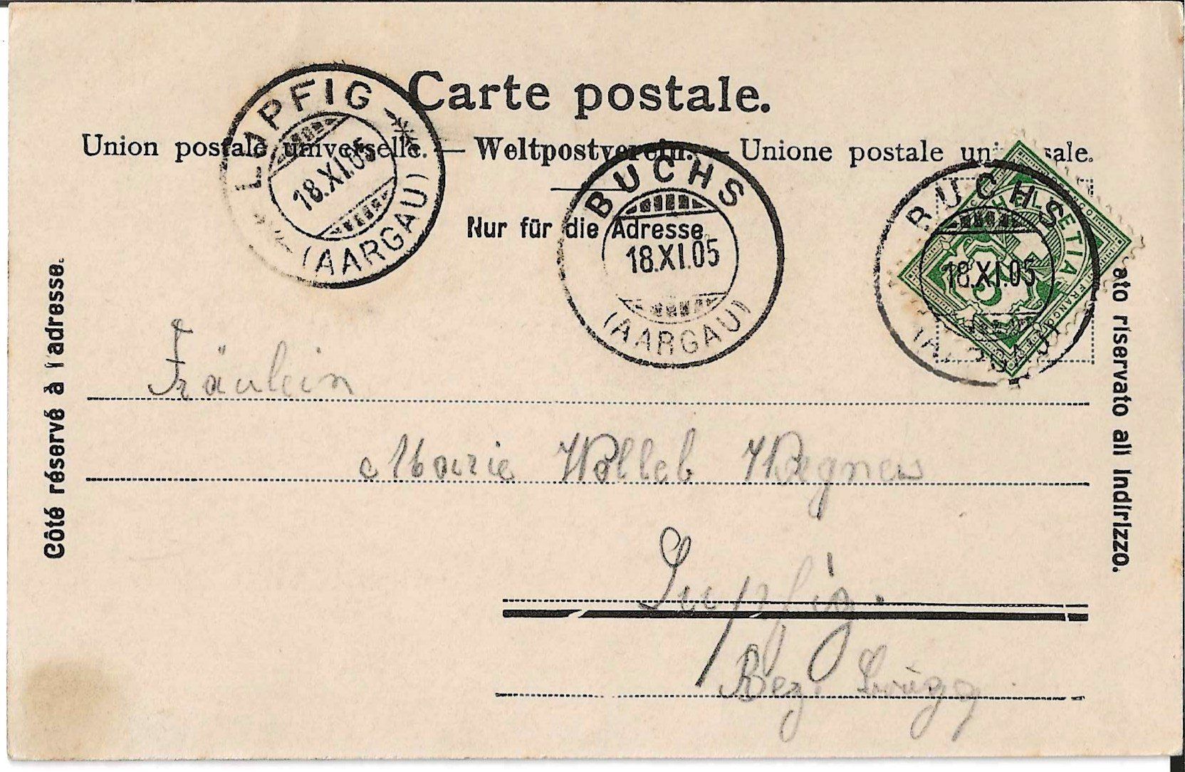 Karte Buchs (Post/Turnhalle/Schulhaus 1905) (Gebraucht) in Zürich für ...