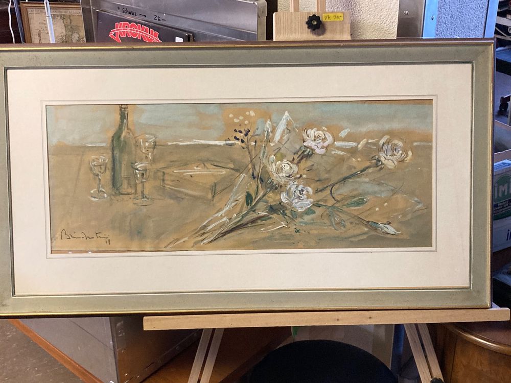 Stilleben mit Flasche Gläsern und Blumenstrauss signiert | Kaufen auf Ricardo