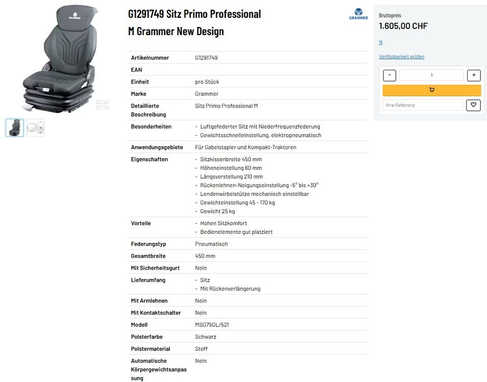 Neuer Grammer Primo Pro M 12V MSG75GL/521 Sitz (Neu (gemäss ...