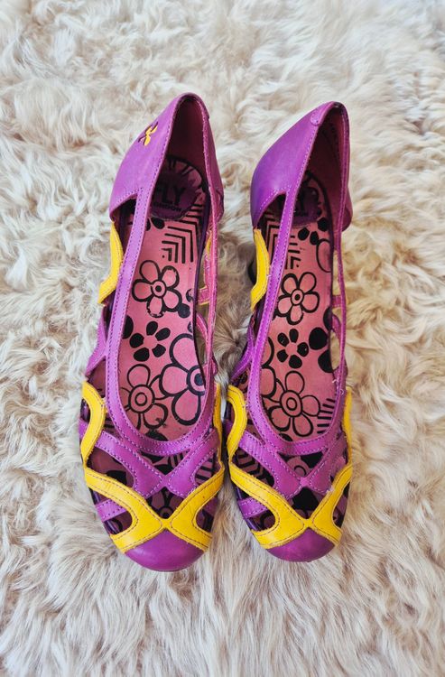 SCHUHE FLY LONDON 40 LEDER CUT OUTS PUMPS LILA GELB SANDALE (Gebraucht ...