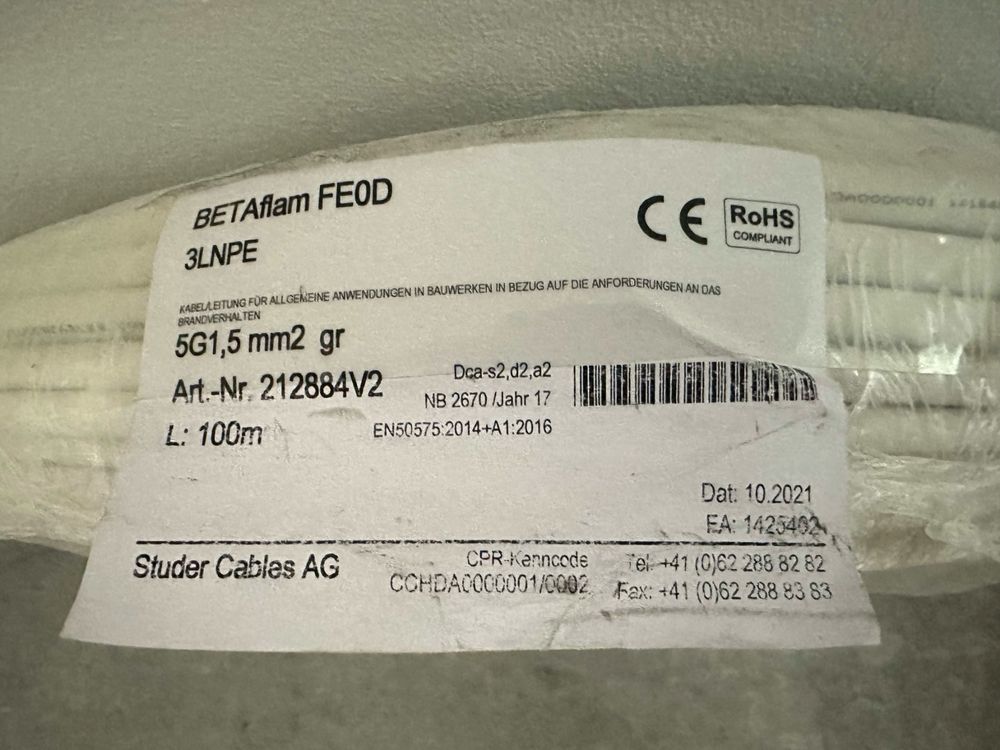 STUDER CABLES BETAflam FE0D 5x1,5 3LNPE, Ring 100 Meter, NEU (Neu und originalverpackt) in ...