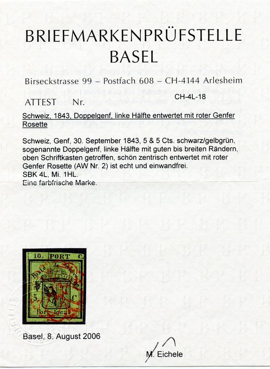 Zst 4 L linke Hälfte Doppelgenf - Attest - Katalog 10'000.-- (Gebraucht ...