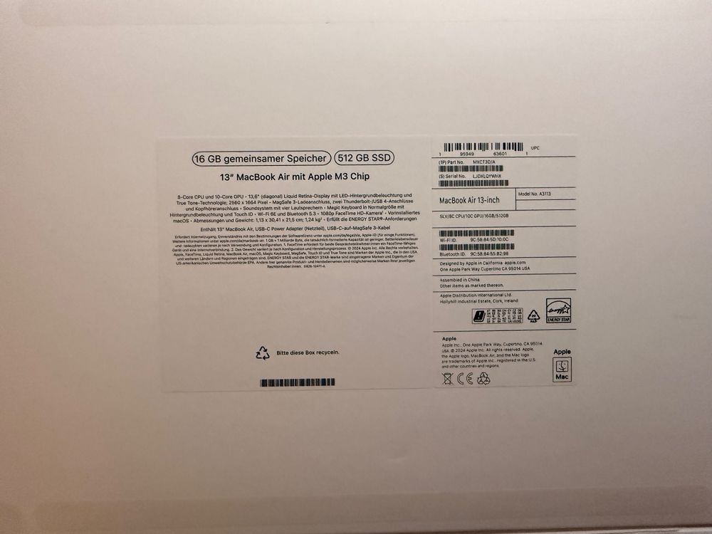 Apple MacBook Air late 2024, M3, 16GB RAM, 512GB SSD, Silber (Gebraucht ...