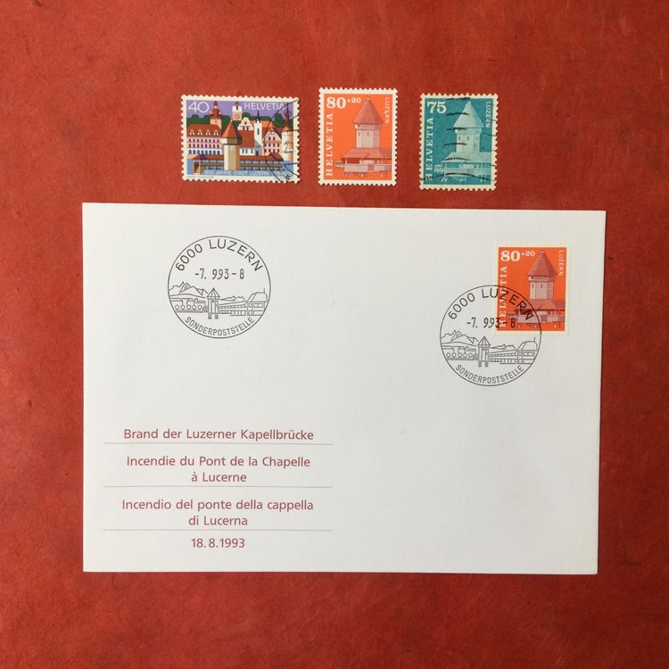 1993 Brand der Luzerner Kappelbrücke FDC + 3 Briefmarken (Gebraucht) in S. Pietro für CHF 1 ...