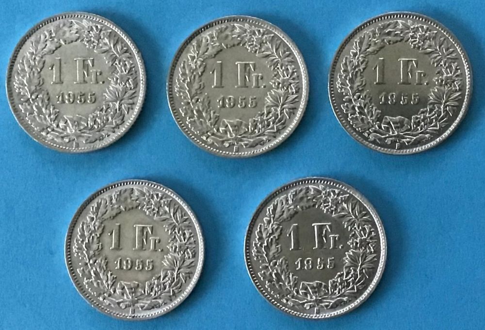 5 schöne Schweizer Silber 1 Franken-Münzen alle von 1955 (Gebraucht) in Zuerich für CHF 119 ...