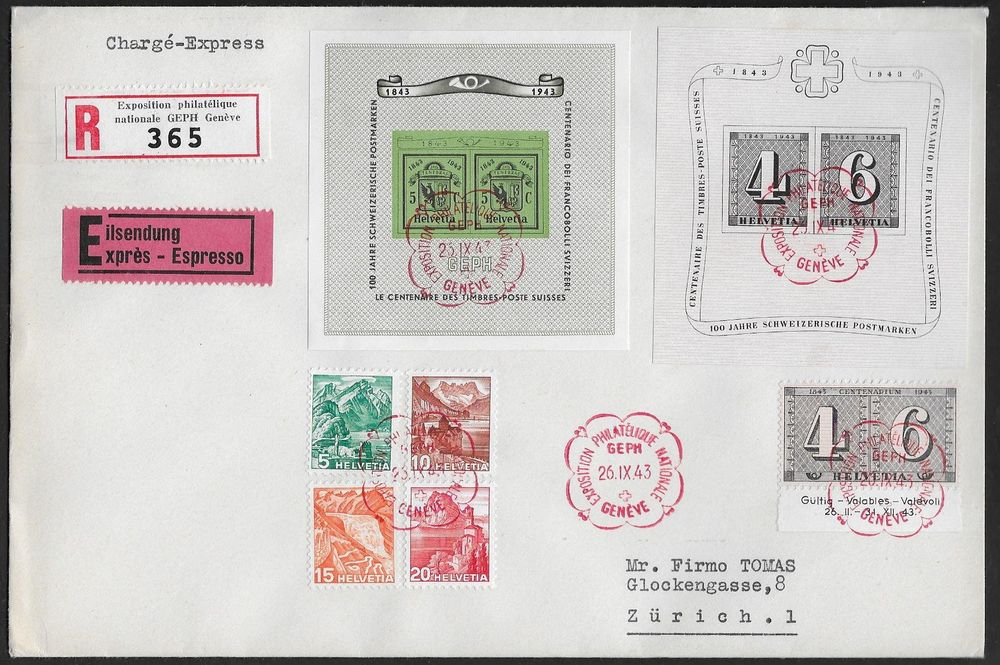 1943 R/Ex. Brief Genfer + ZH Block o Genève+Zusatzfr. ab 1.- (Gebraucht) in Zürich für CHF 40 ...