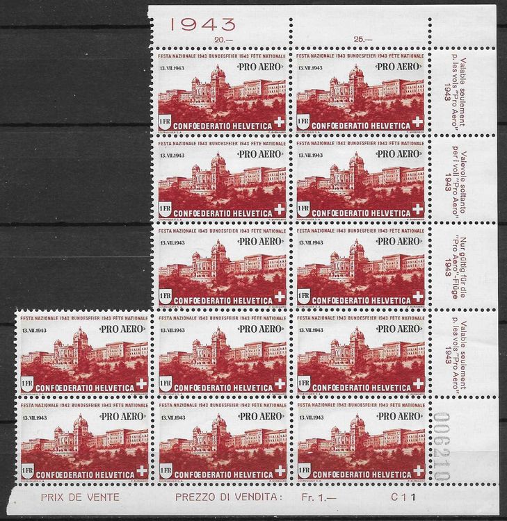 1943: Flugpost Pro Aero Nr.F36 in 12er Block ** (Gebraucht) in Walperswil für CHF 12 – mit ...