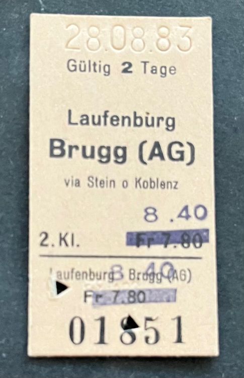 Laufenburg Brugg (AG) via Stein o Koblenz / Billett 1983 (Gebraucht) in Wabern für CHF 2.5 – mit ...