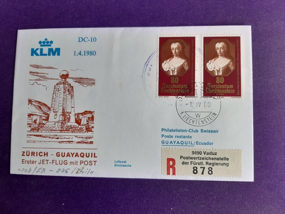 Erstflugbrief Vaduz- Zürich - GUAYAQUIL 1.4.1980 | Kaufen auf Ricardo