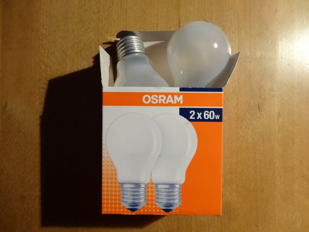 2 Glühbirnen 60W E27 matt Osram (neu) (Neu und originalverpackt) in Anwil für CHF 1 – mit ...