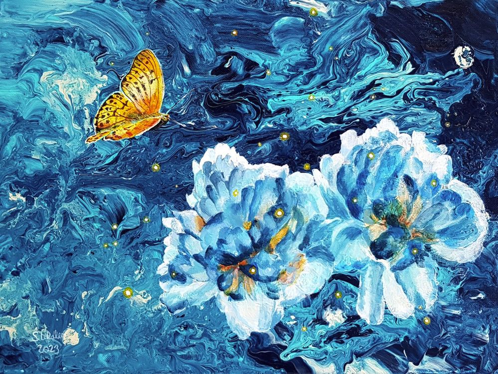 Pfingstrosen Schmetterling acrylic pouring Kunstwerk Gemälde (Neu und originalverpackt) in ...