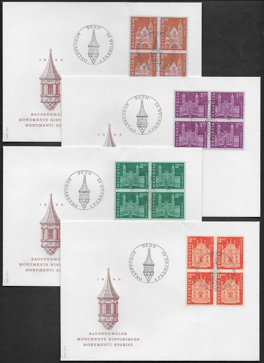 1963 vier FDC Viererblock U4 Baudenkmäler Nr. 391-394 ab 1.- (Gebraucht) in Zürich für CHF 35 ...