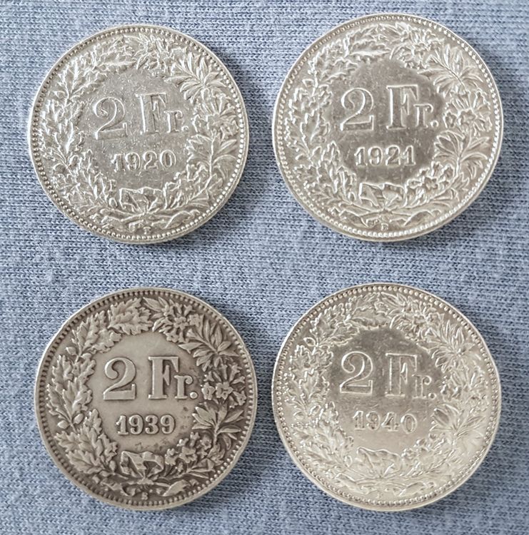 4 x 2 Fr Silbermünzen 1920 - 1921 - 1939 - 1940 ab nur 1 Fr! | Kaufen auf Ricardo