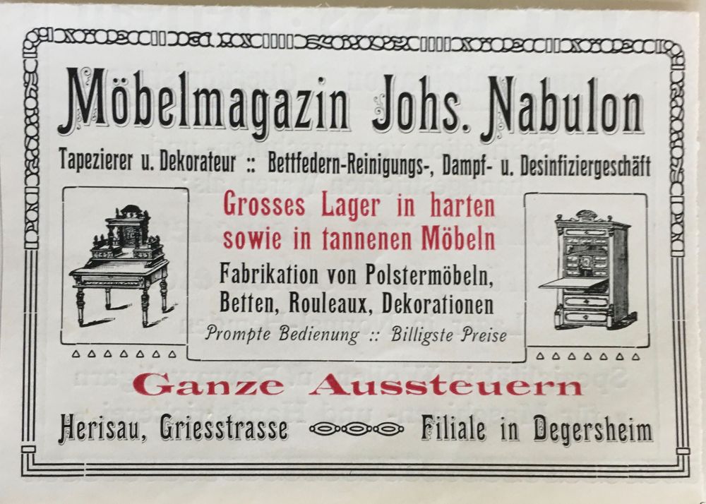 Vintage Reklame, Möbelmagazin Johs. Nabulon, Herisau, 1911 (Gebraucht ...