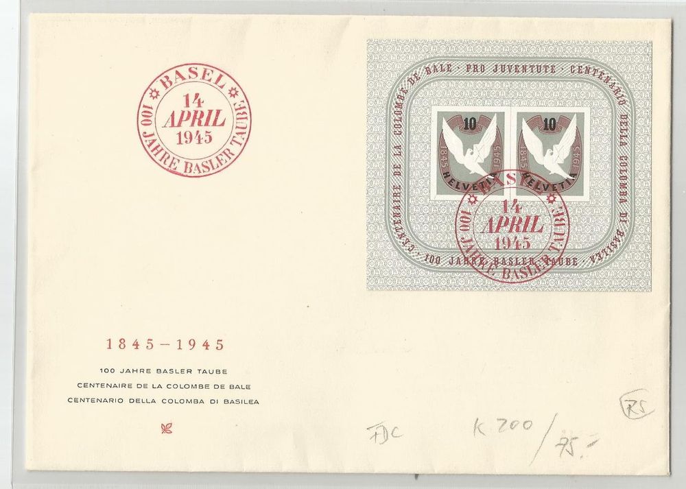** BLOCK Nr.W23 - 100 JAHRE BASLER TAUBE/FDC ** (Gebraucht) in Heimenschwand für CHF 19 – mit ...