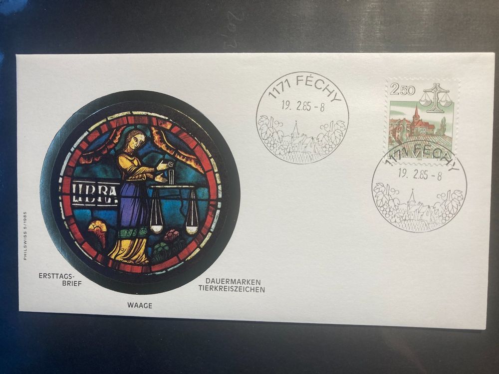 Schweiz 1985 FDC Tierkreis Waage Ortsstempel Féchy (Gebraucht) in Liestal für CHF 1.5 – mit ...