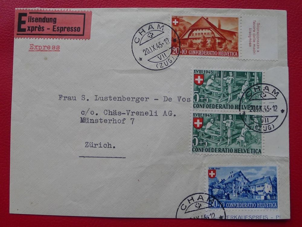 1945, B26-B29 (Patria) Express-Frankatur CHAM-ZÜRICH LP! (Gebraucht) in Sursee für CHF 30 – mit ...