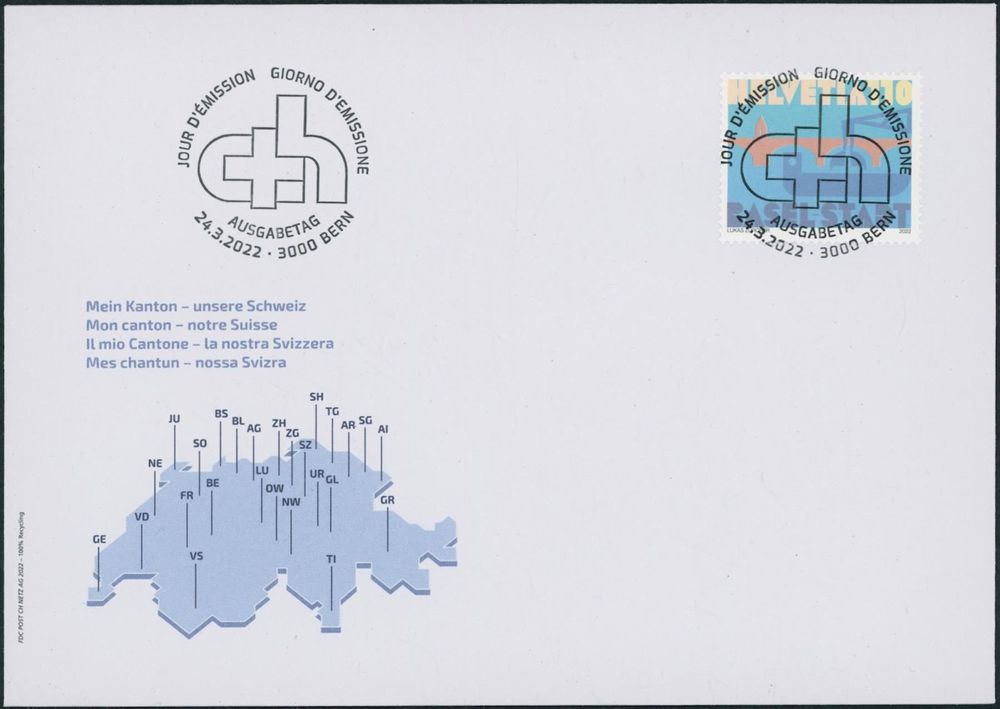 2022 - Kanton - Schweiz - FDC U1 - Ersttag Voll Stempel ET (Gebraucht) in Schindellegi für CHF ...
