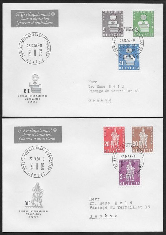 1958 BIE zwei FDC Serie Nr. 40-45 ET Genève selten ab 1.- (Gebraucht) in Zürich für CHF 2 – mit ...