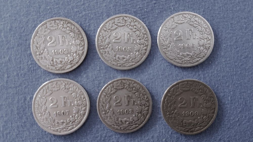 6 x 2 Fr Silbermünzen 1903-05-06-07-08-09 ab nur 1 Fr !! (Gebraucht) in Camignolo für CHF 33 ...