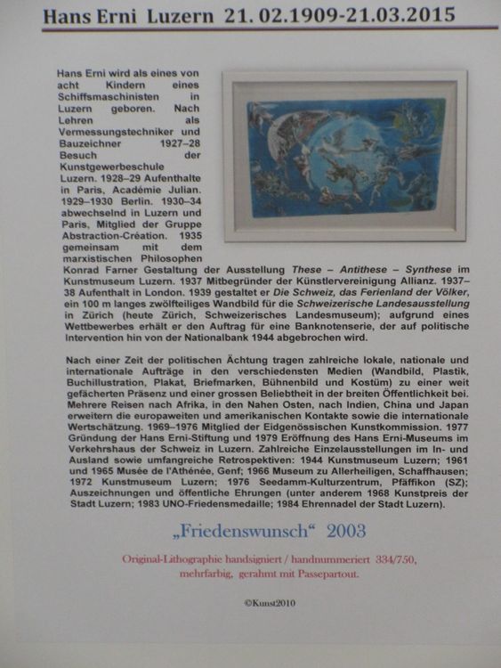Hans Erni FRIEDENSWUNSCH handsig/handn. gerahmt mit PP | Kaufen auf Ricardo