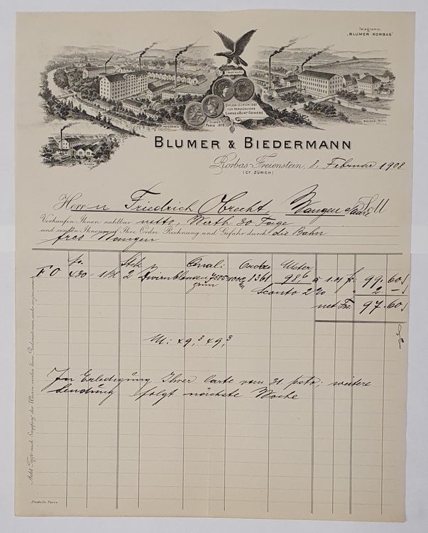 Rorbas -Freienstein 1908 Blumer & Biedermann Litho Briefkopf (Gebraucht) in Kreuzlingen für CHF ...