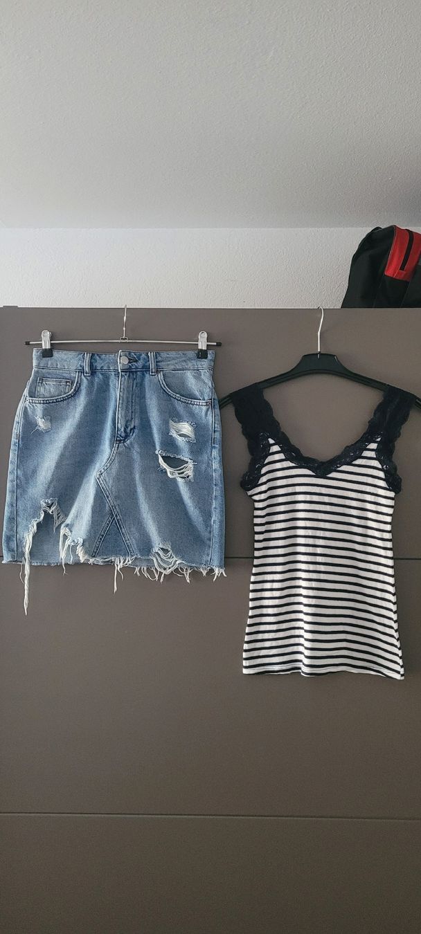 Jupe en jean Even&Odd & top rayé dentelle PROMOD T36 (Neuf (Voir ...