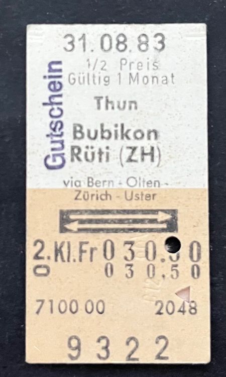 Thun Bubikon Rüti (ZH) via Bern Olten ZürichBillett 1983 | Kaufen auf Ricardo