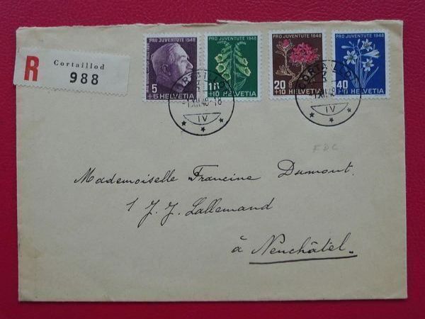 1948, Ersttagsbrief: J125-J128 von CORTAILLOD NE, Kat 165.-+ (Gebraucht) in Sursee für CHF 30 ...