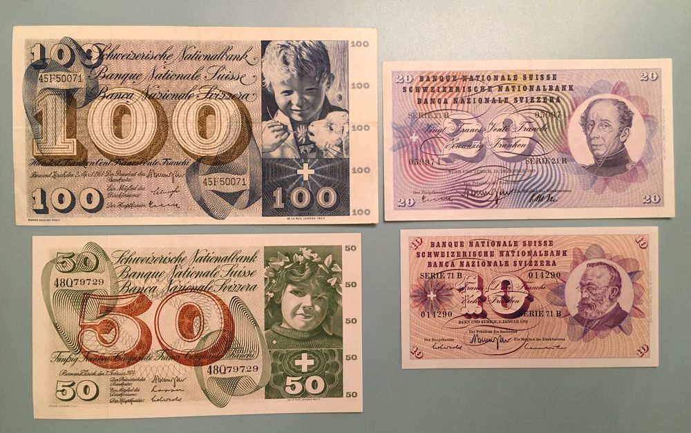 Schweizer Banknoten 100, 50, 20, 10 Franken, 2 x neu, ungef. | Kaufen ...